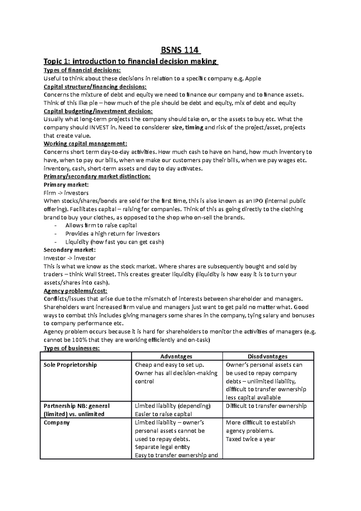 BSNS 114 - summary - BSNS 114 Topic 1: introduction to financial ...