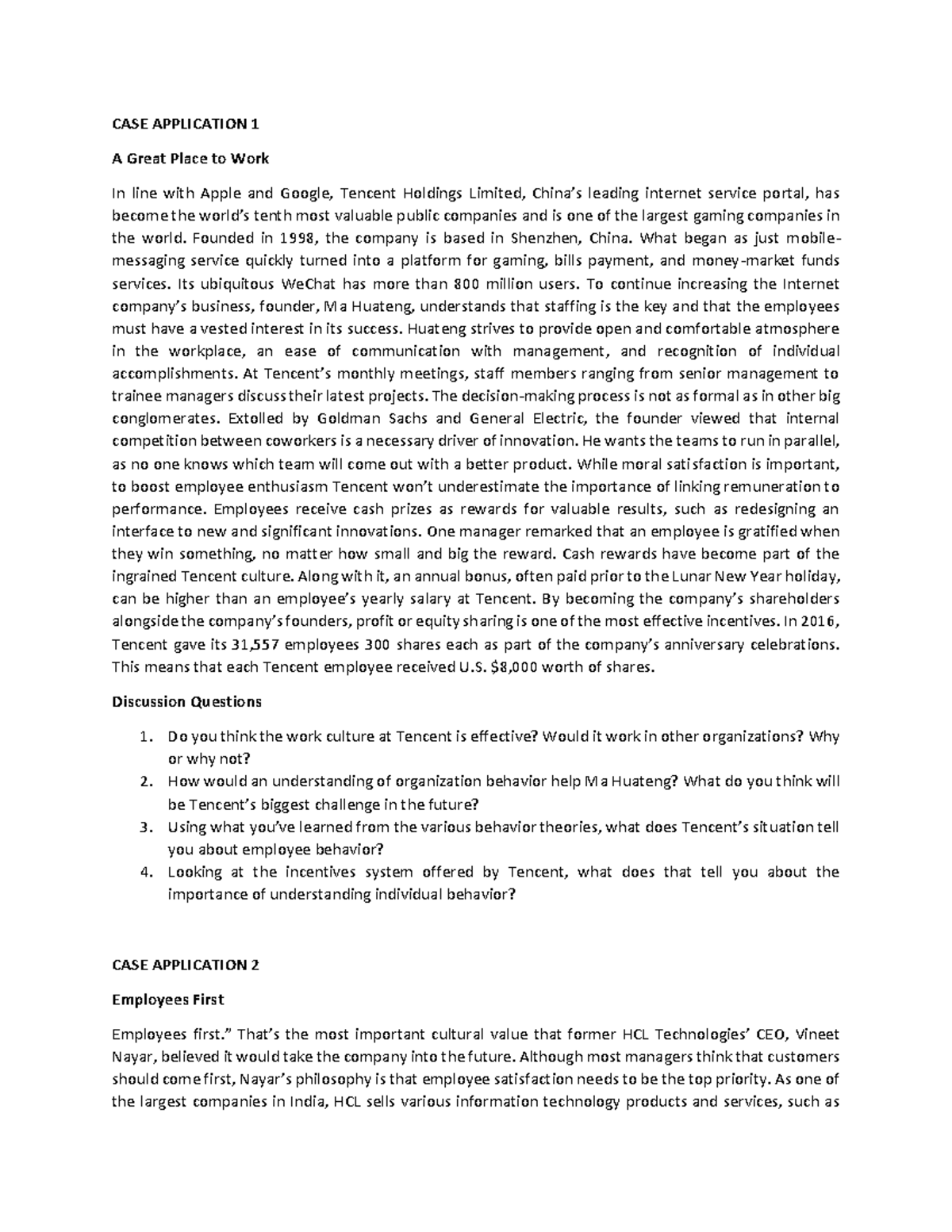 Case Application Ch15 - CASE APPLICATION 1 A Great Place to Work In ...