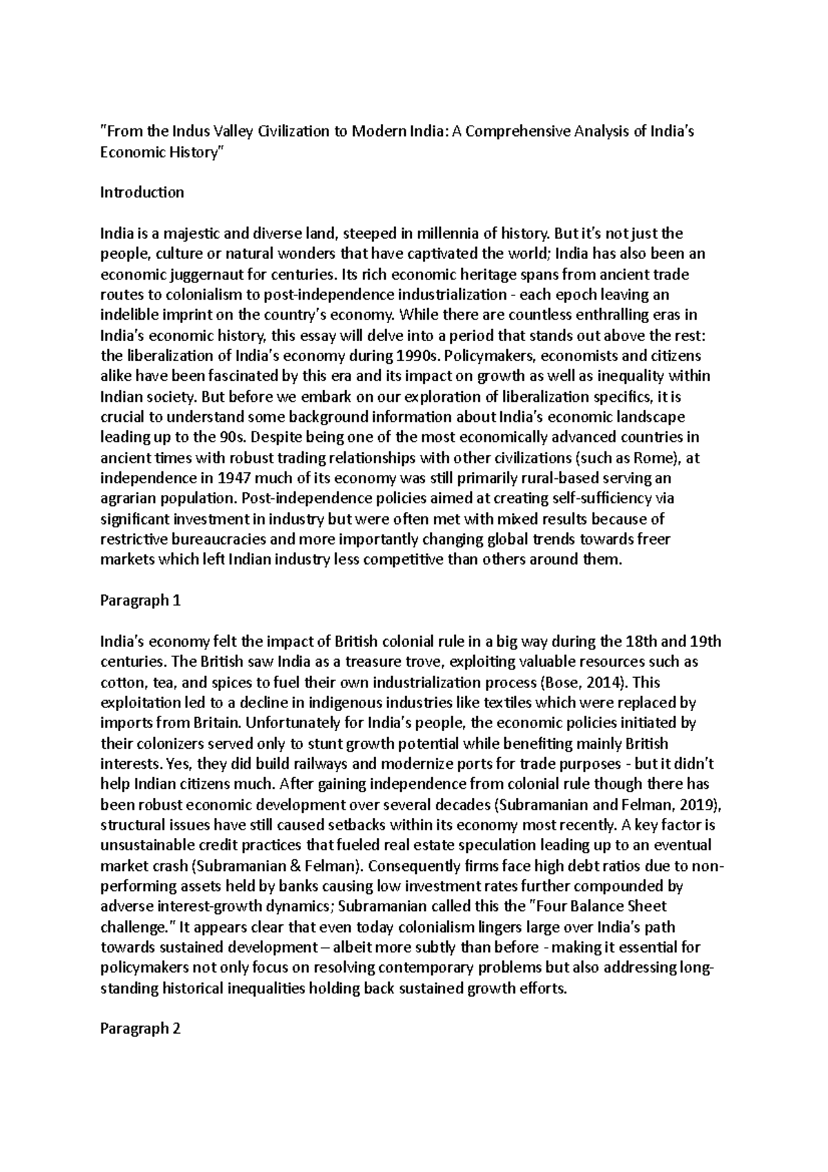 Econ 101 essay - "From the Indus Valley Civilization to Modern India: A ...