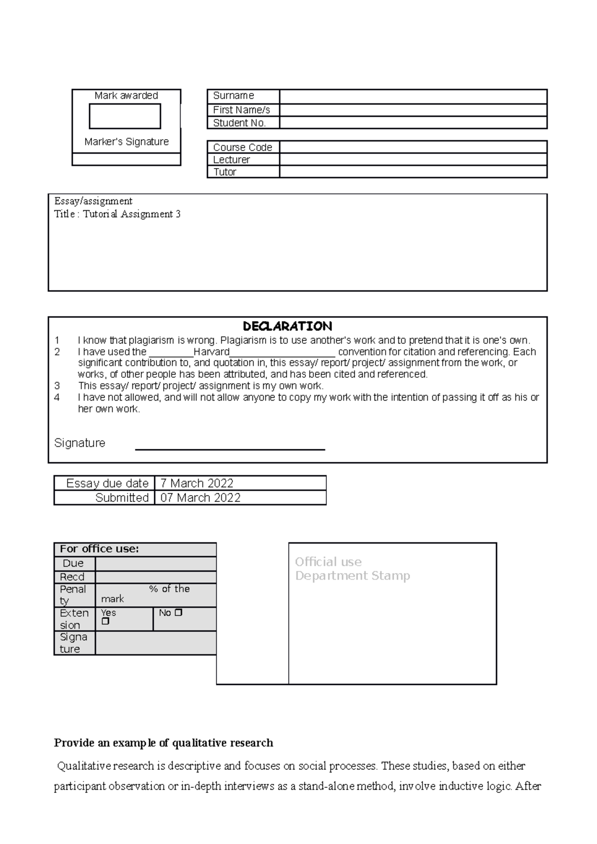 Tutorial Assignment 3 Doc Mark Awarded Surname First Name S Student