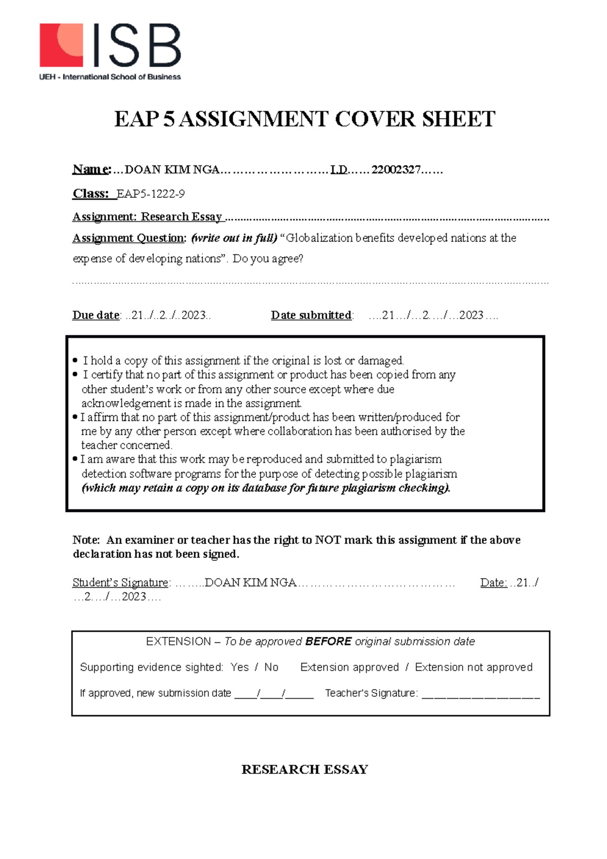 EAP5 Assignment cover sheet 22002 327 - EAP 5 ASSIGNMENT COVER SHEET Name:.. KIM - Studocu