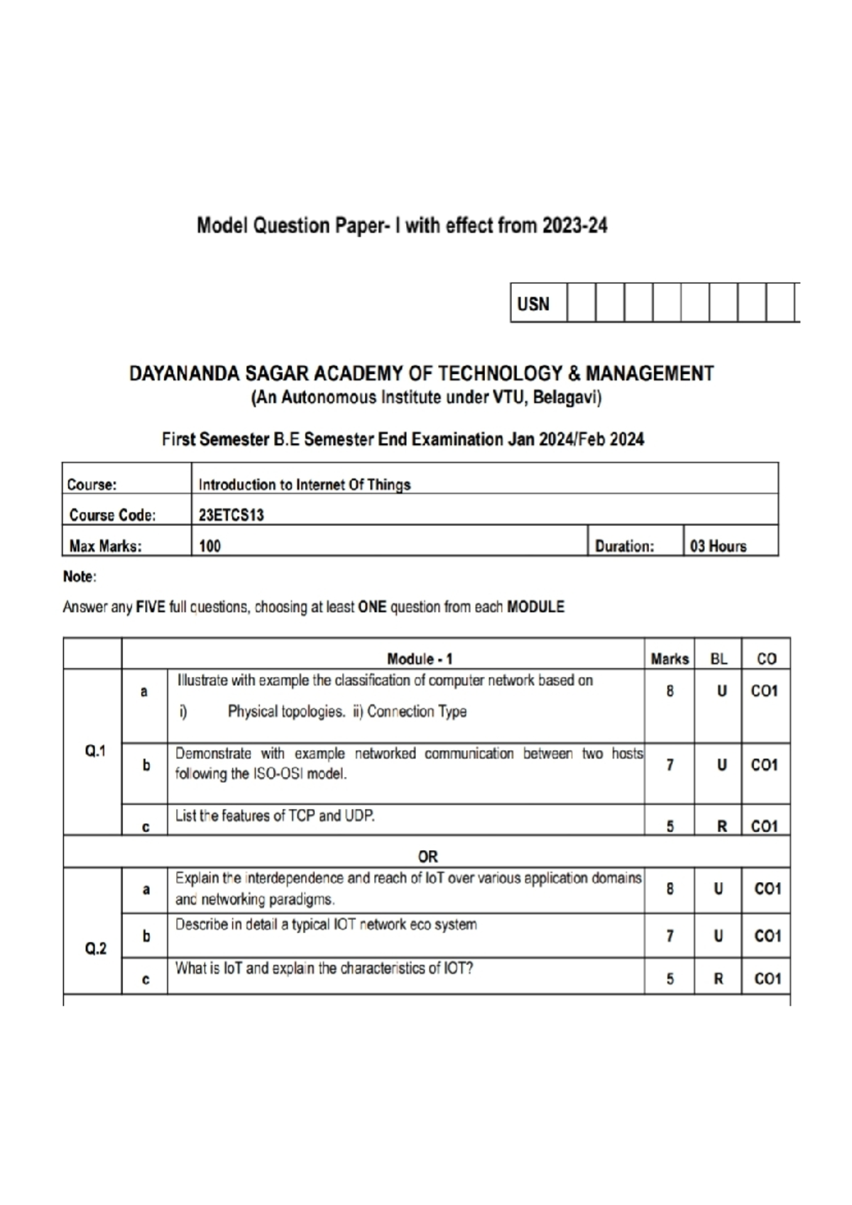 2)IOT (Model Question Paper) - Model Question I with effect from USN ...
