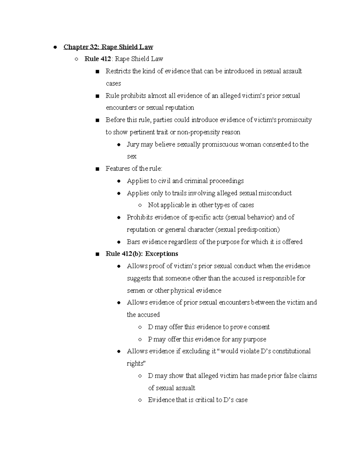 Evidence- Rape Shield Notes - Chapter 32: Rape Shield Law Rule 412 ...
