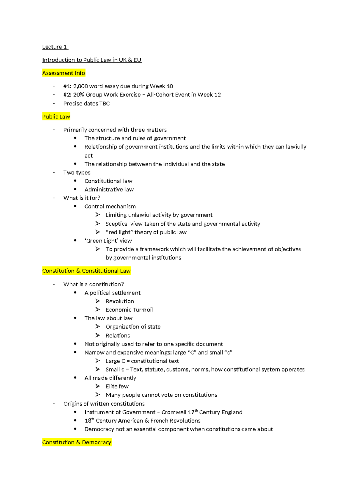 Lecture 1 - Introduction - Lecture 1 Introduction to Public Law in UK & EU Assessment Info - #1 ...