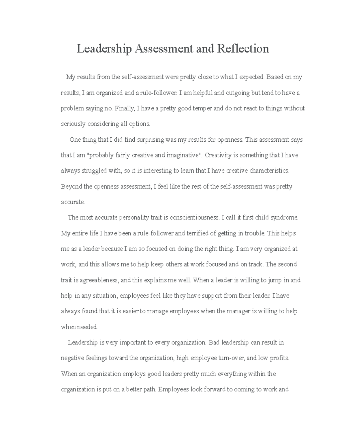 Journal 1: Leadership Assessment and Reflection - Leadership Assessment ...