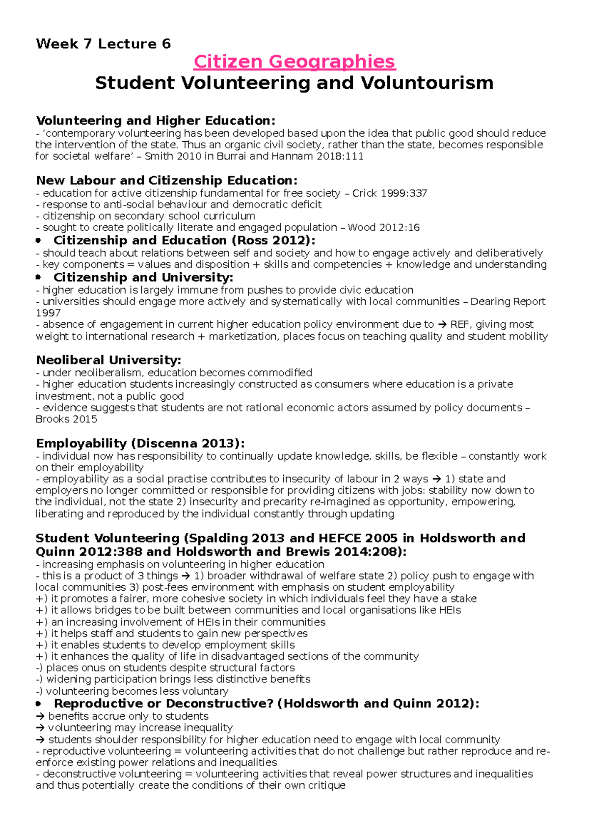 Week 7 Lecture 6 student volunteering and voluntourism - Week 7 Lecture 6 Citizen Geographies ...