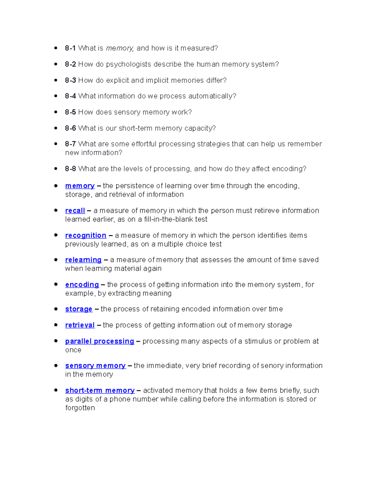 8a review - Dr. Brown-Kramer - 8-1 What is memory, and how is it ...
