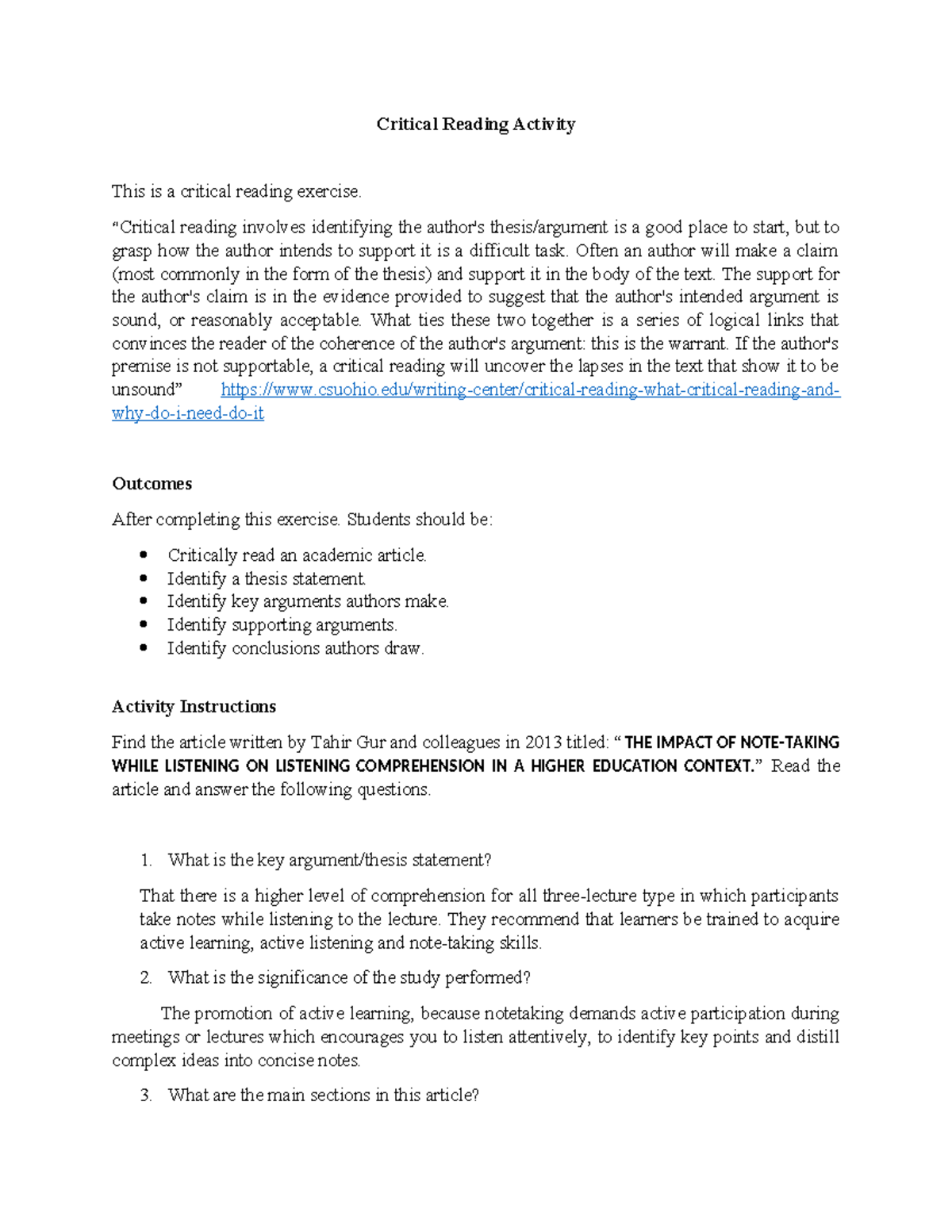 Critical Reading Activity 2024 - Critical Reading Activity This is a ...