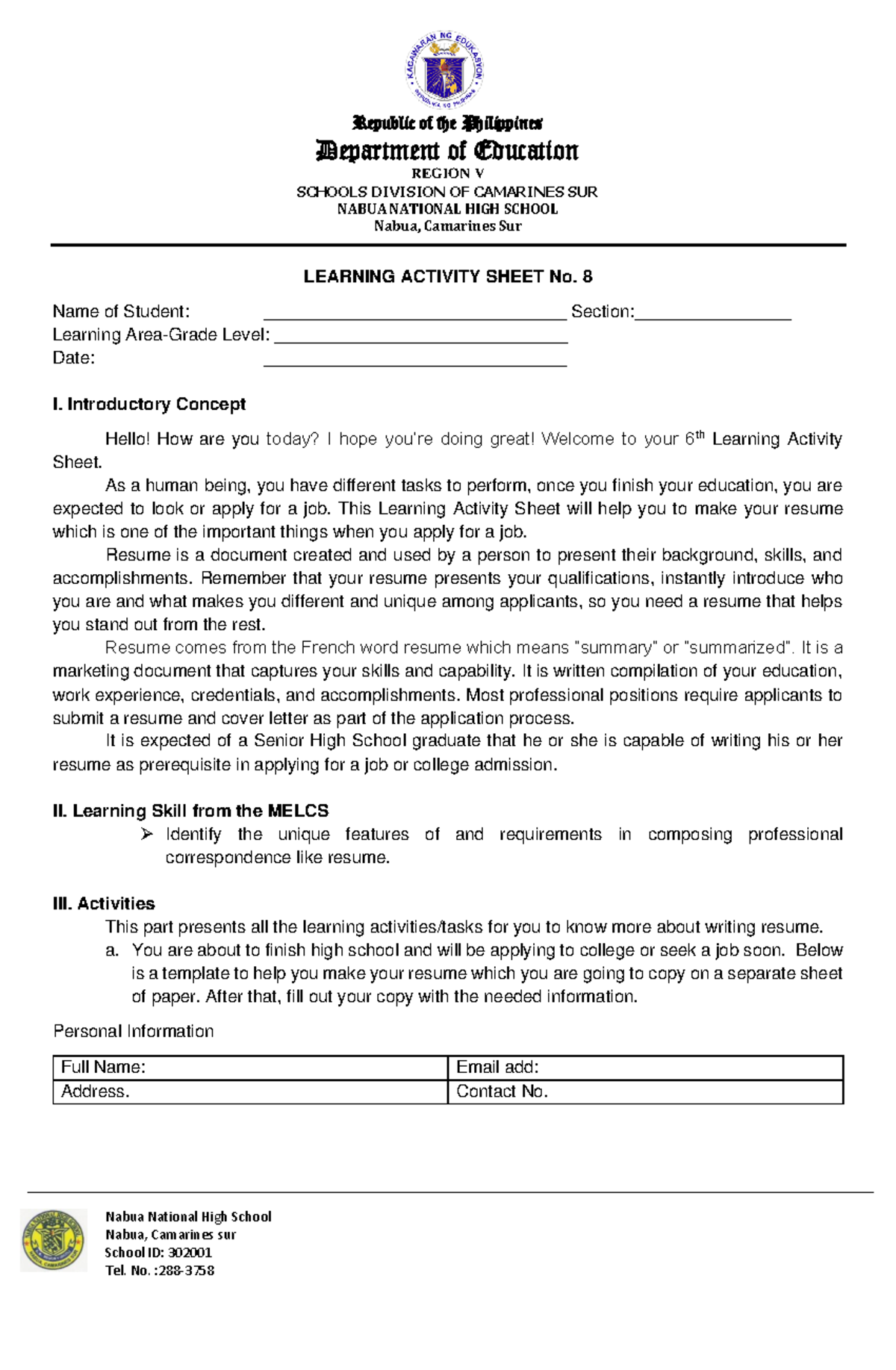 LAS Reading and Writing 8 and 9 - Department of Education REGION V ...