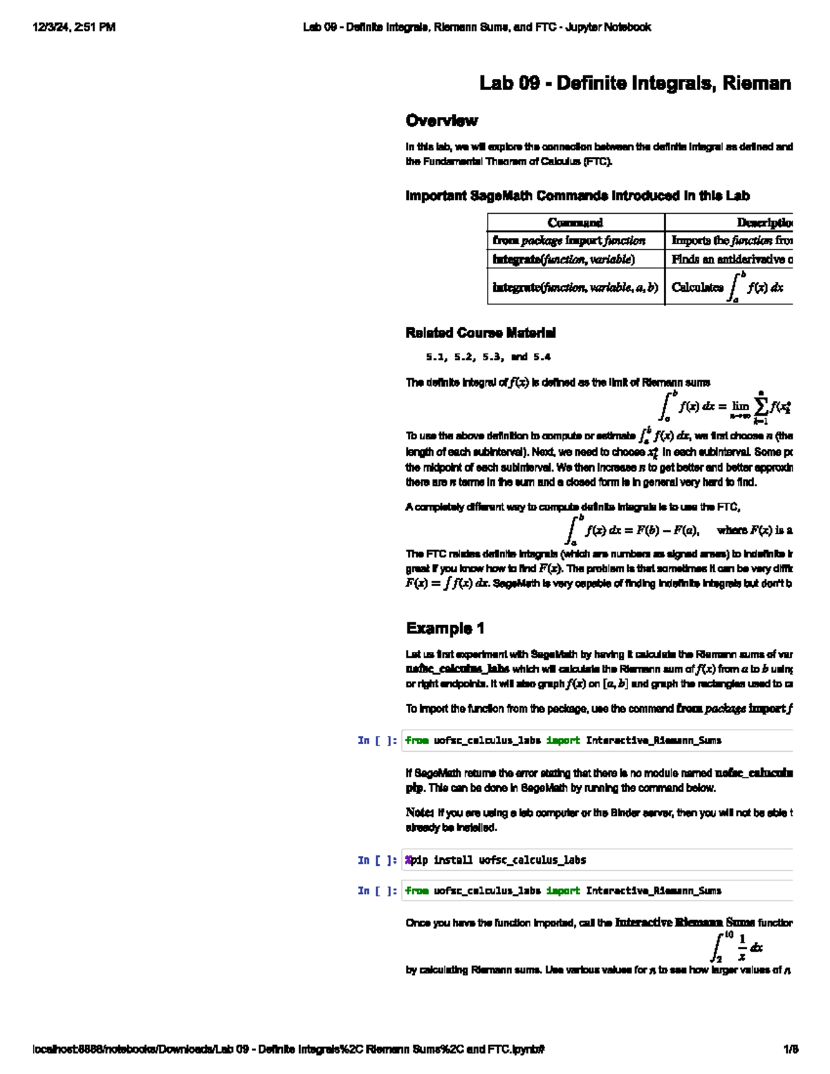 LAB 9 - LAB 9 SAGE MATH LAB ASNWERS - 2:51 PM Lab 09 Definite Integrals ...