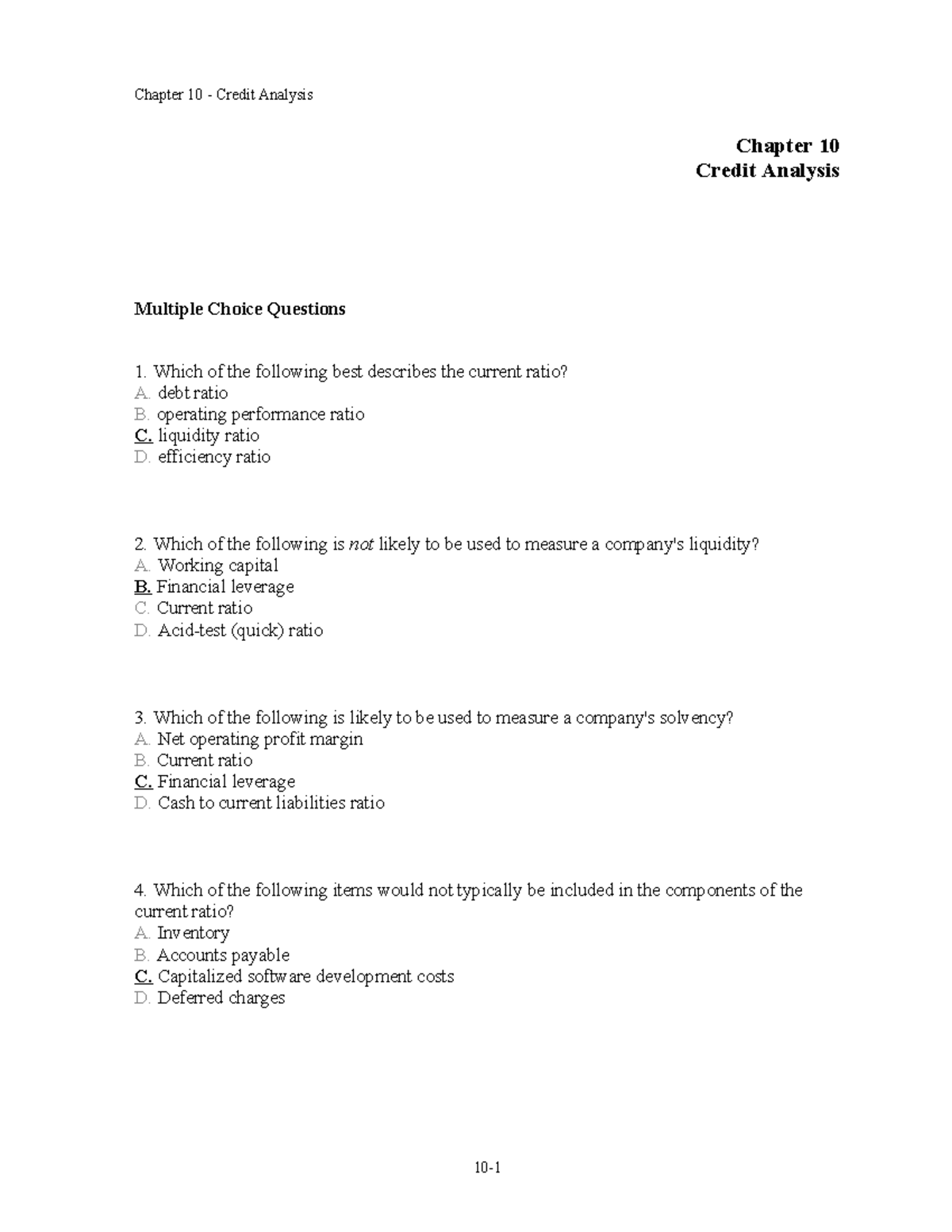 Chap010 - TestBank - Chapter 10 Credit Analysis Multiple Choice ...