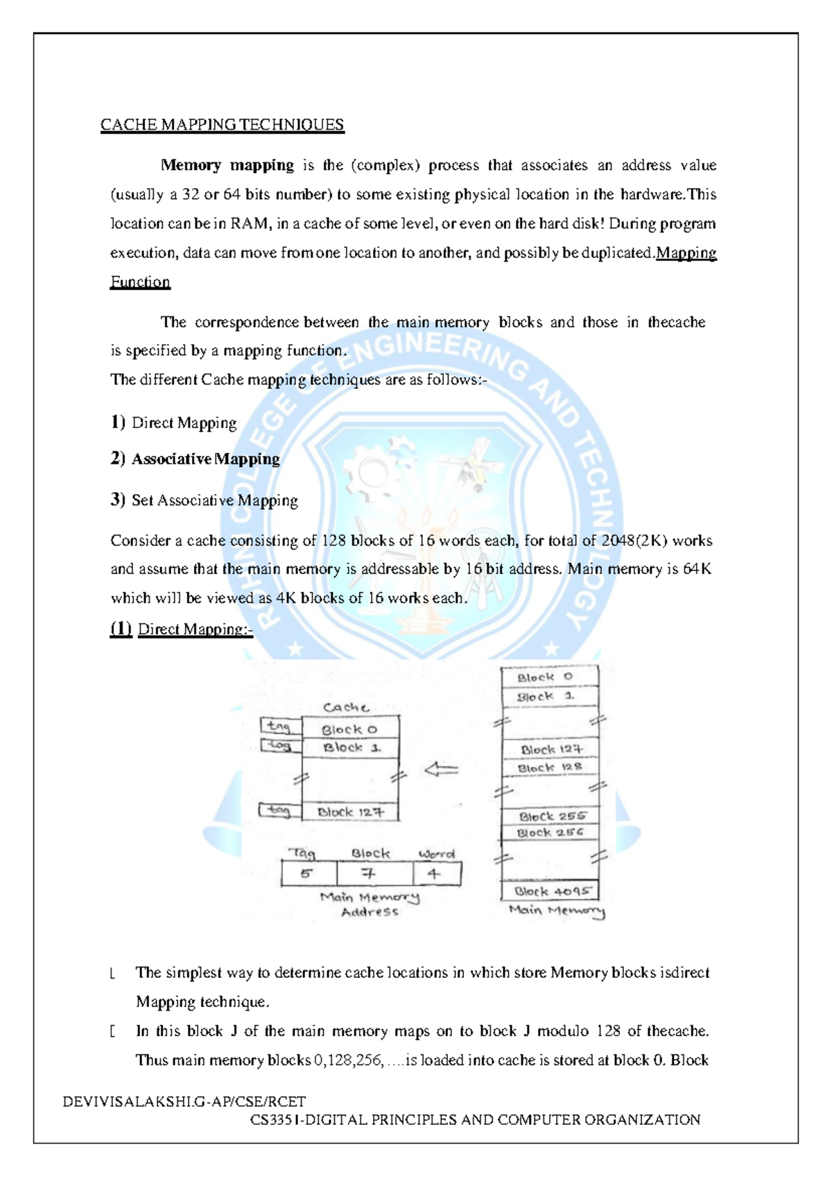 Cache Mapping rohini 41399022862 - DEVIVISALAKSHI-AP/CSE/RCET CACHE MAPPING TECHNIQUES Memory ...