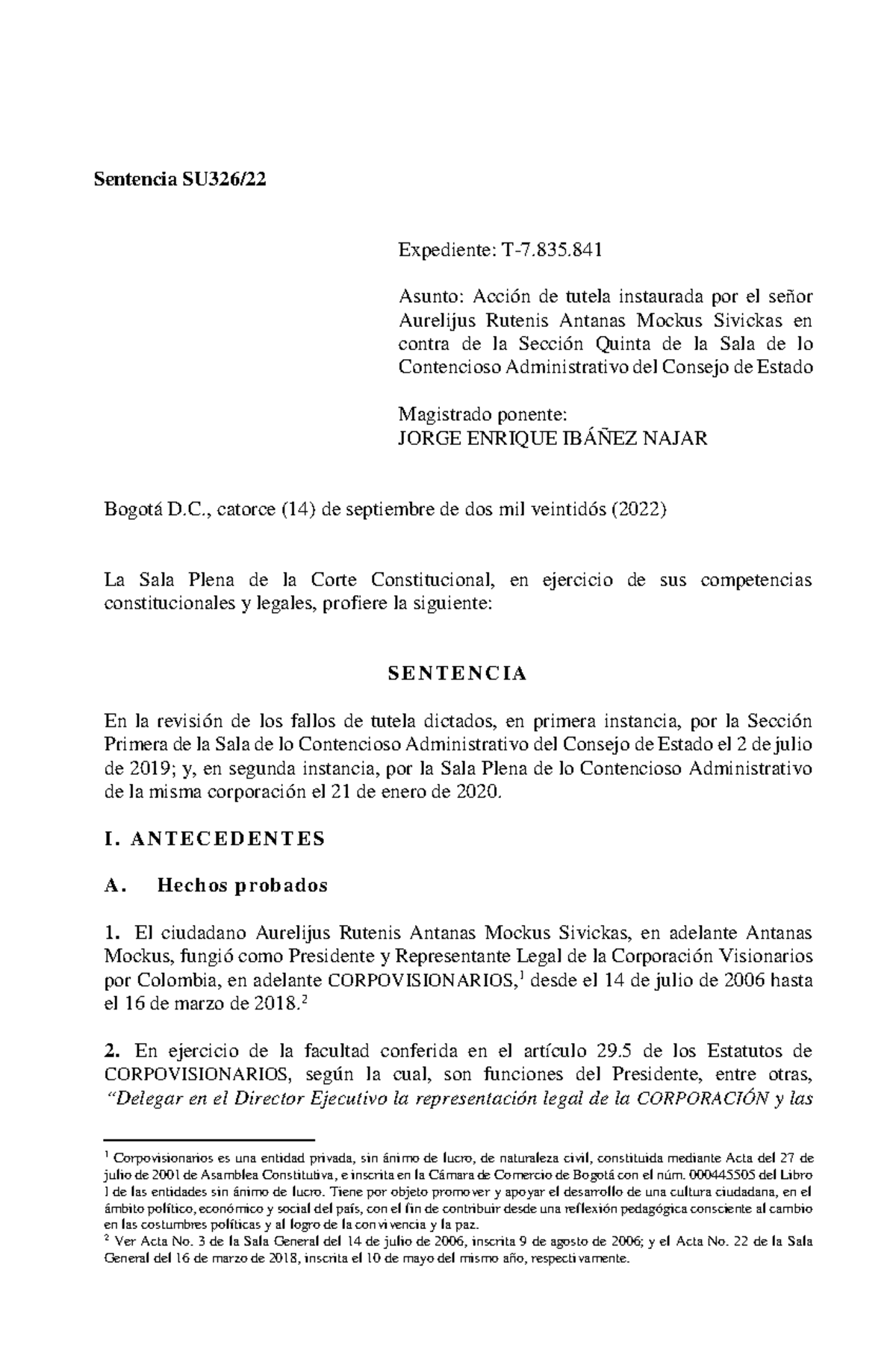 Corte Constitucional - SU-326-22 (Mockus) - Sentencia SU326/ Expediente ...