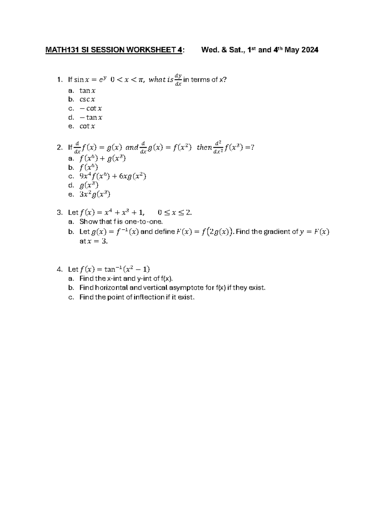 MATH131 worksheet - MATH131 SI SESSION WORKSHEET 4 : Wed. & Sat., 1 st ...