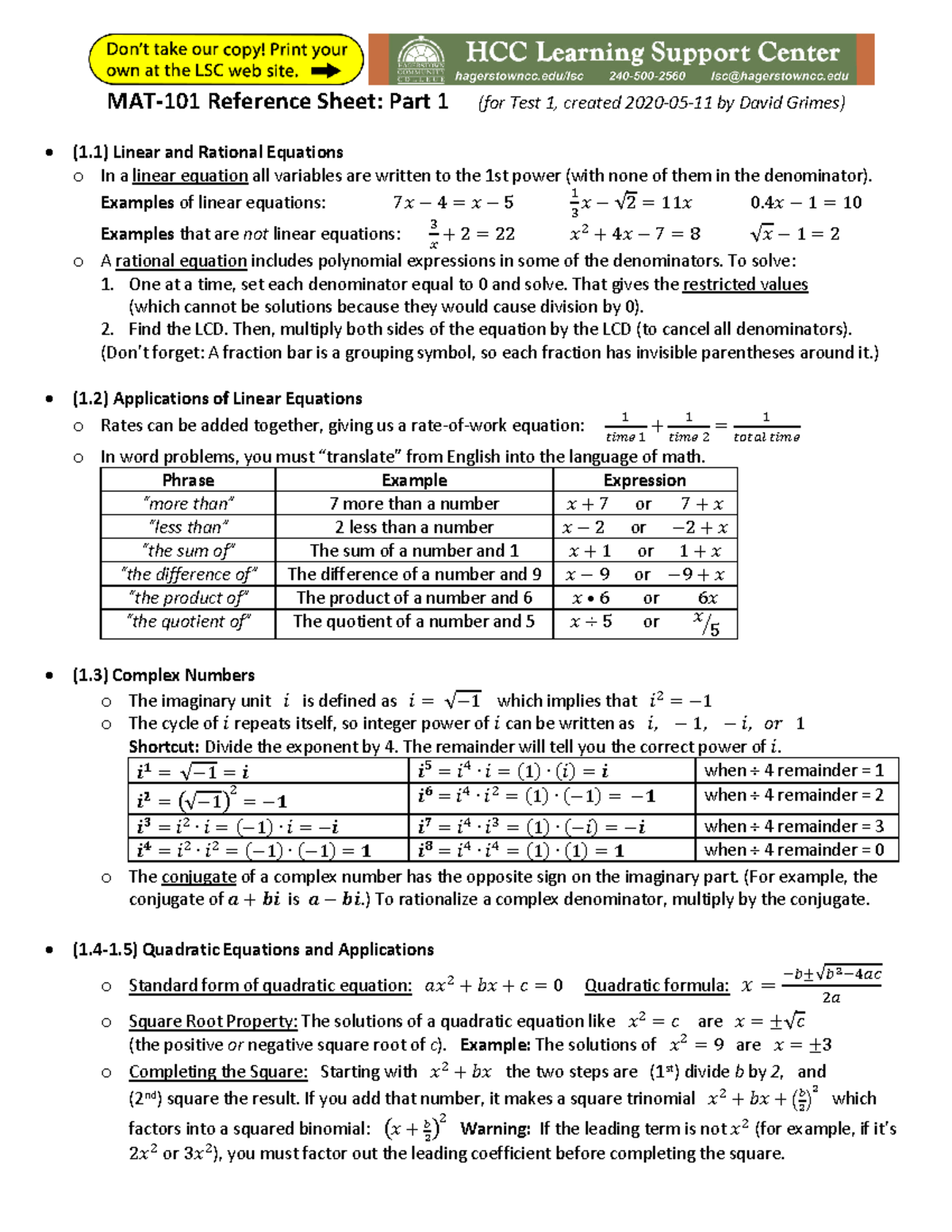 MAT 101 Reference Sheet - Part 1 - MAT‐101 Reference Sheet: Part 1 ...