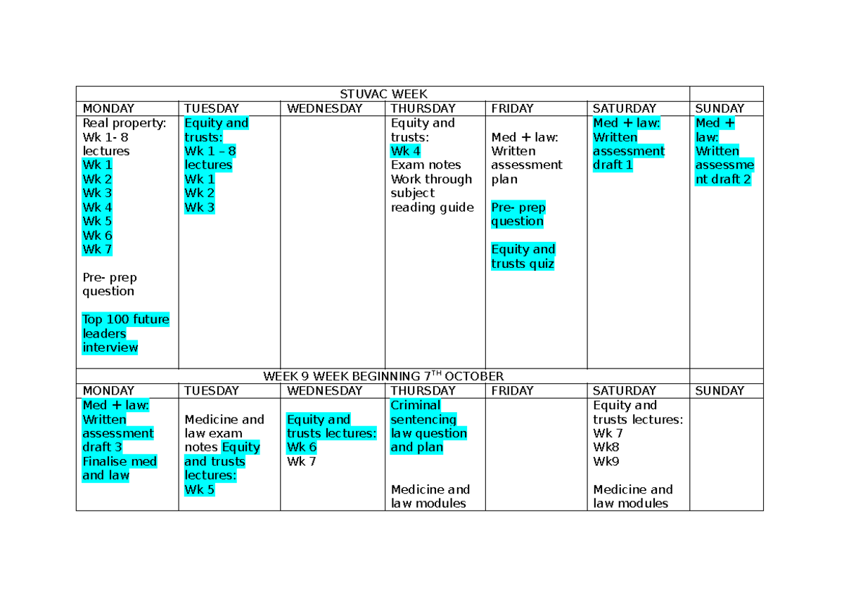 Study plan - helpful plan - STUVAC WEEK MONDAY TUESDAY WEDNESDAY ...