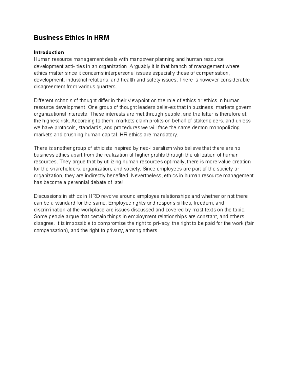 Business Ethics in HRM - Business Ethics in HRM Introduction Human ...