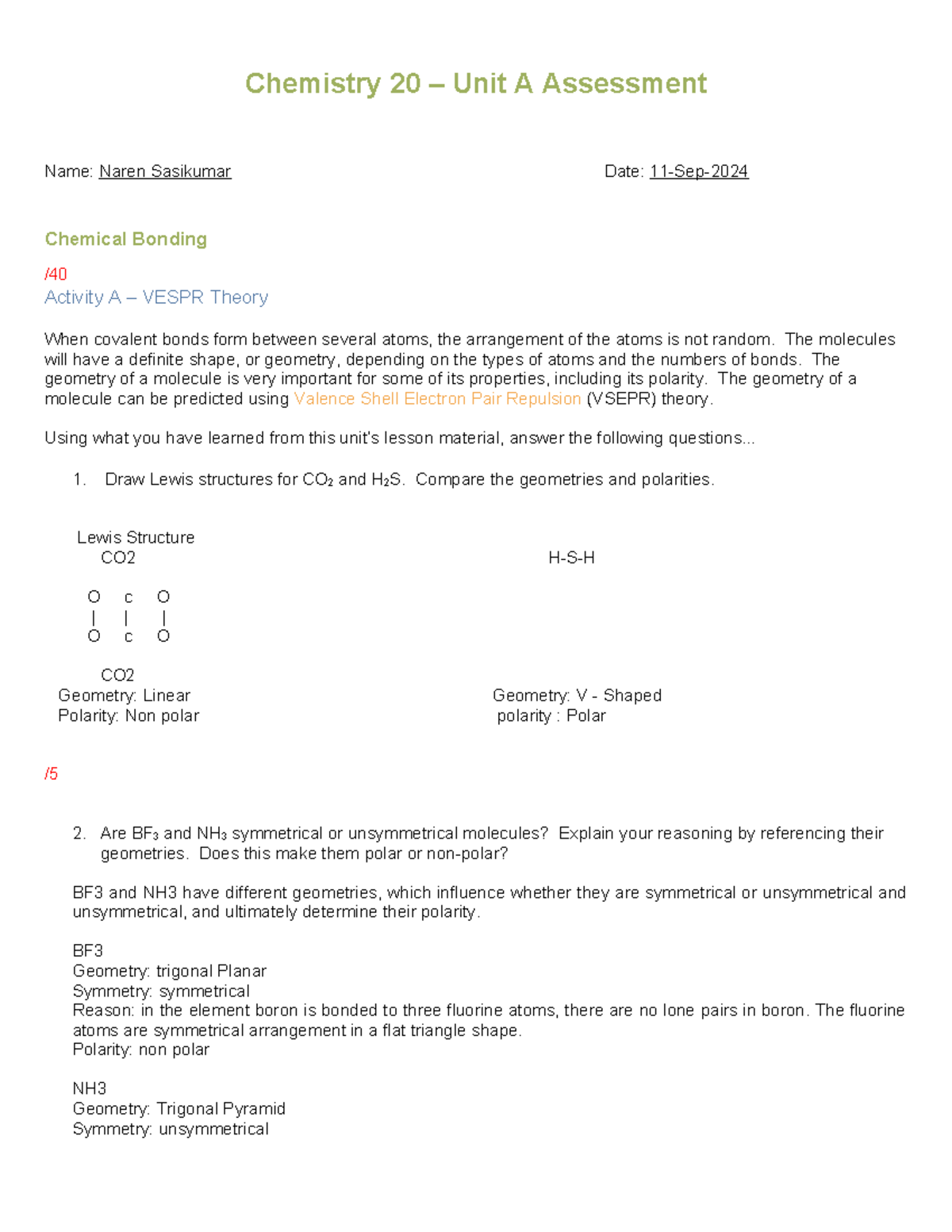 Chem 20 Unit 1 Assessment Activity - Chemistry 20 – Unit A Assessment ...