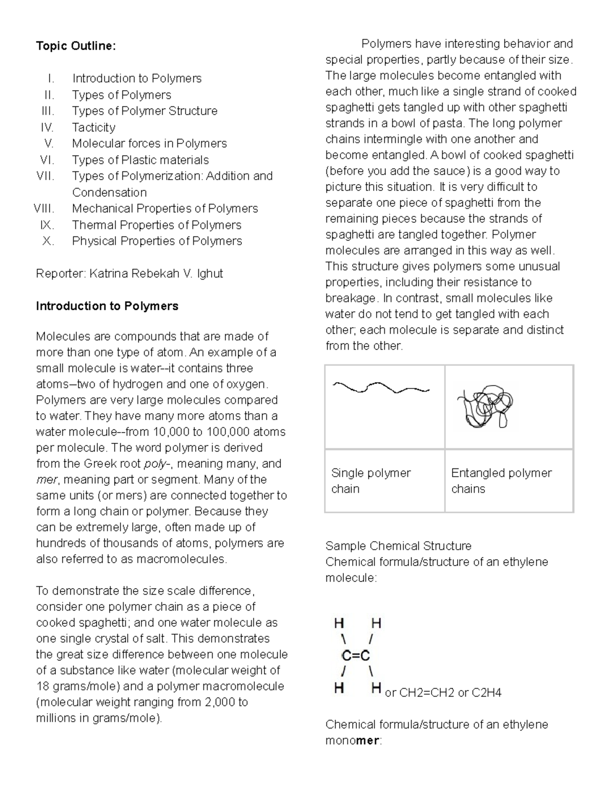Chemlec- Polymer- Handouts - Topic Outline: I. Introduction to Polymers ...
