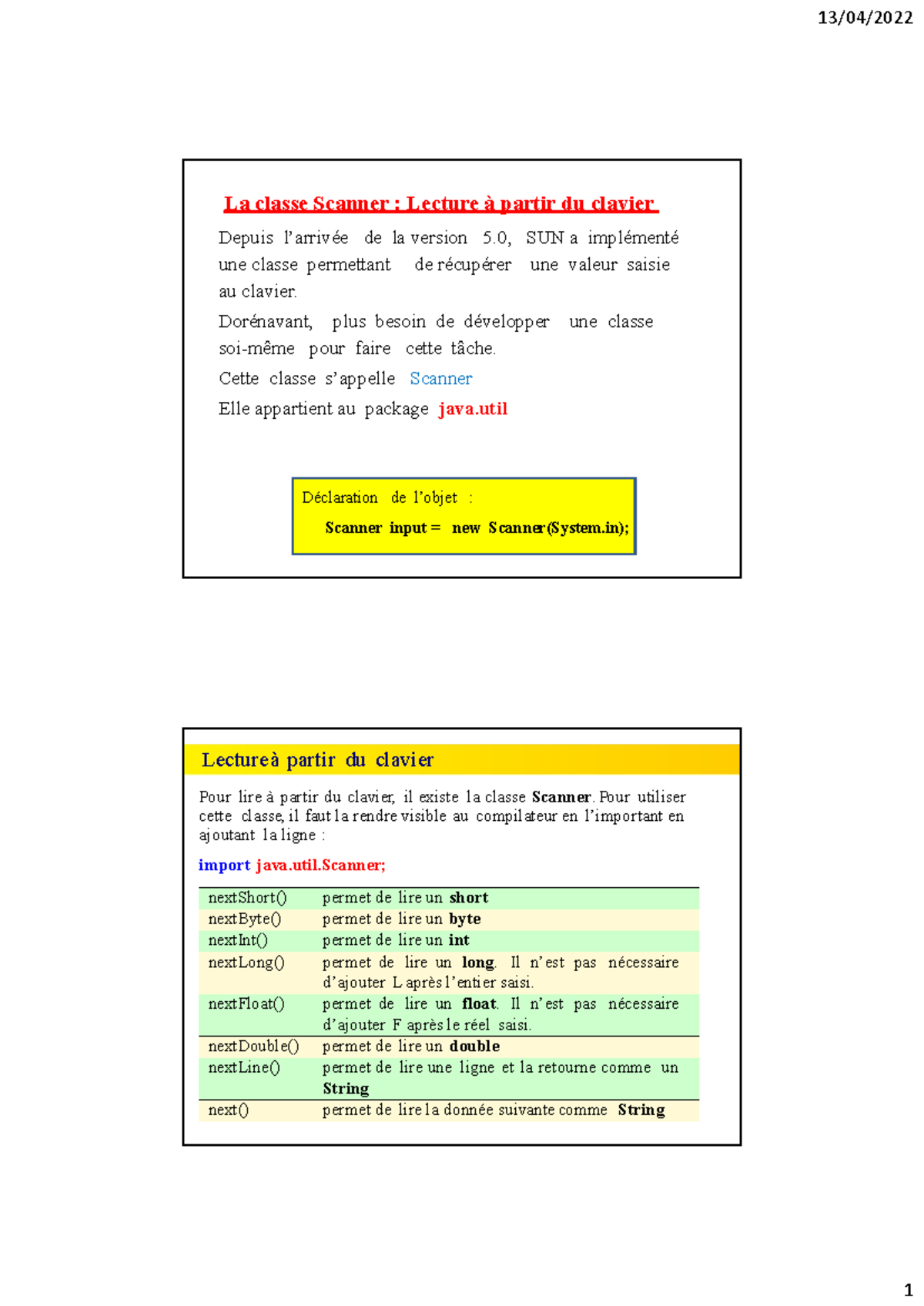 Classe Scanner 04 22 - 13/04/ 1 Depuis l’arrivée de la version 5, SUN a implémenté une classe ...