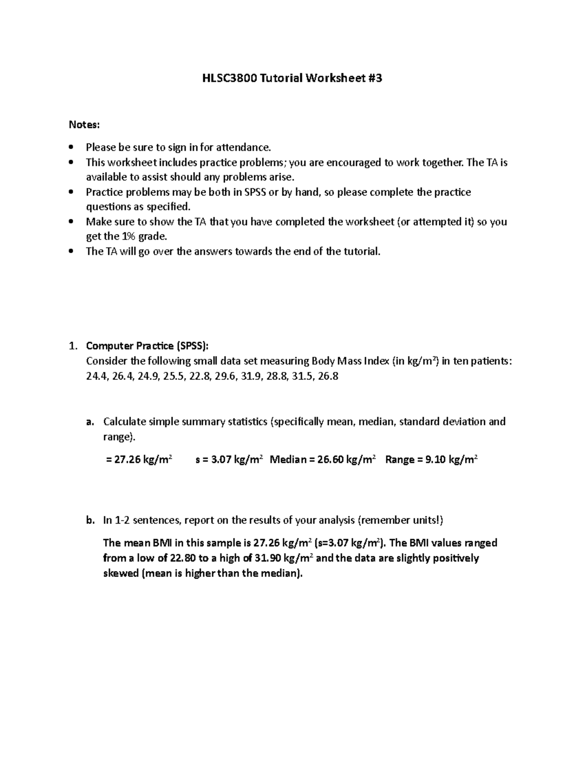 Tutorial 3 - Notes - HLSC3800 Tutorial Worksheet Notes: Please be sure ...
