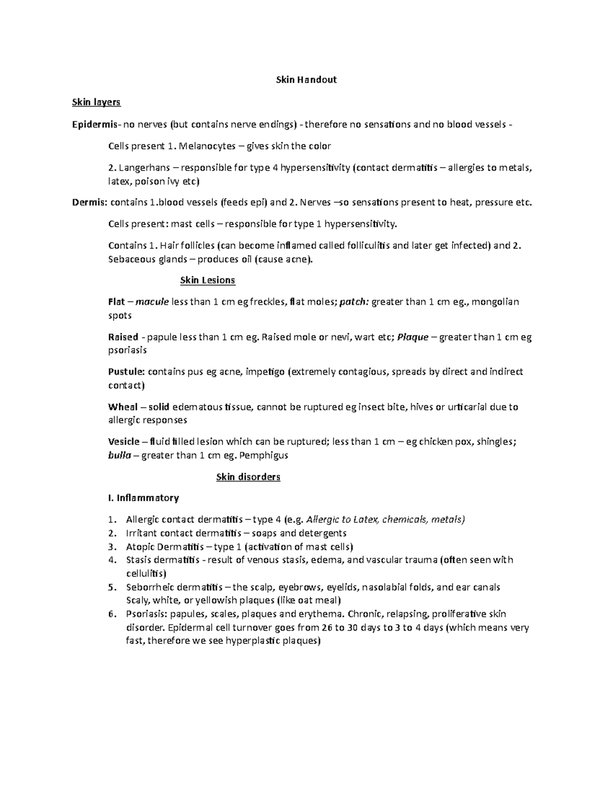 Skin Handout - Skin chapter patho - Skin Handout Skin layers Epidermis ...