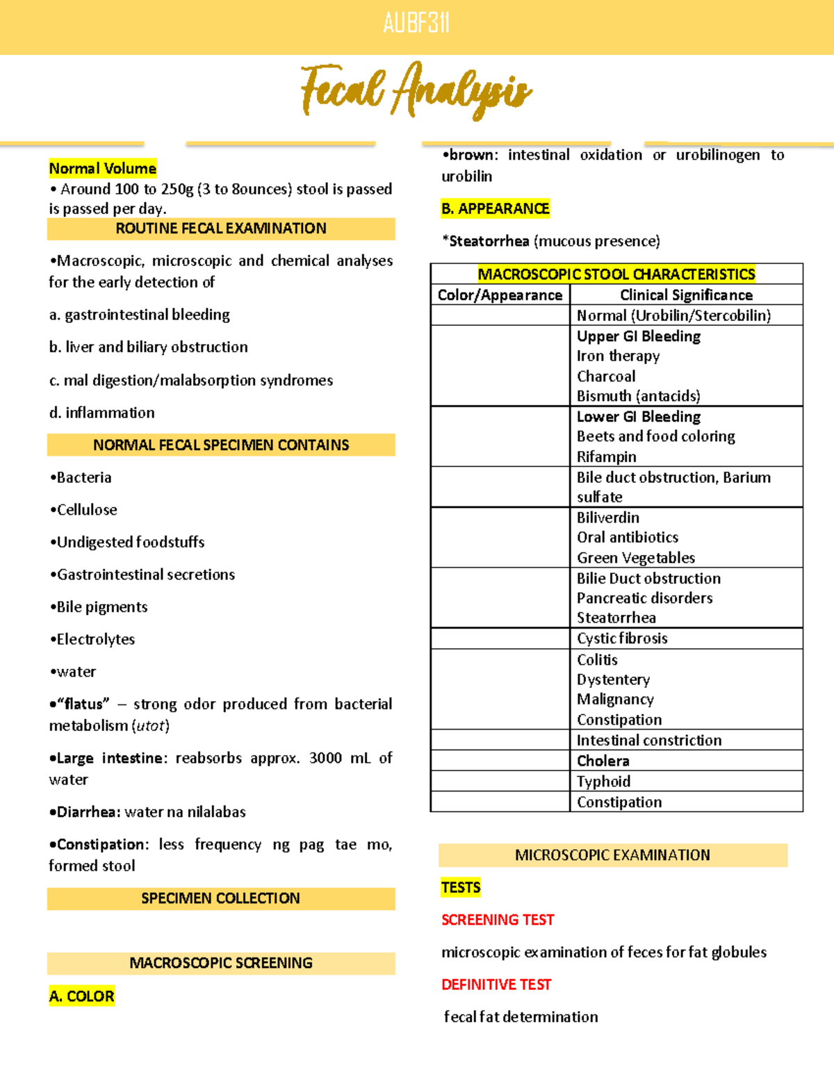 AUBF WEEK 11- Fecalysis (LEC) - Fecal Analysis AUBF Normal Volume ...