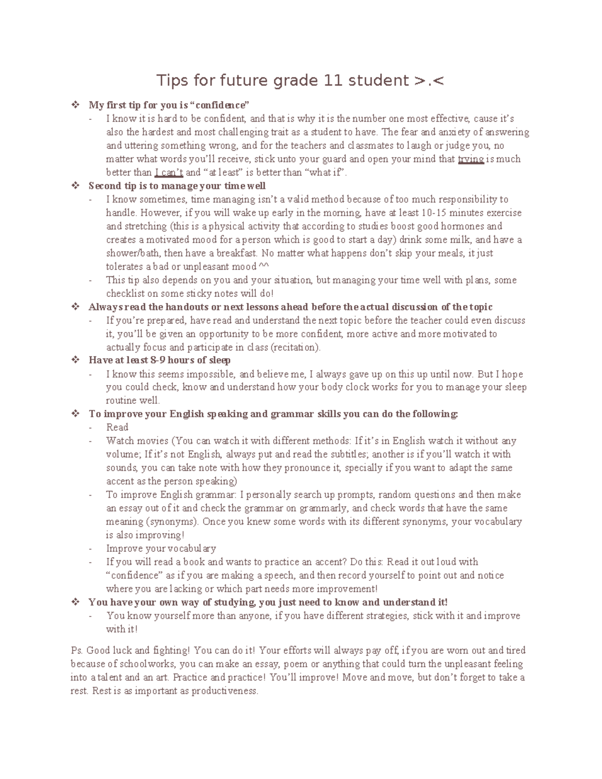 GOOD LUCK - Study tips - Tips for future grade 11 student >.