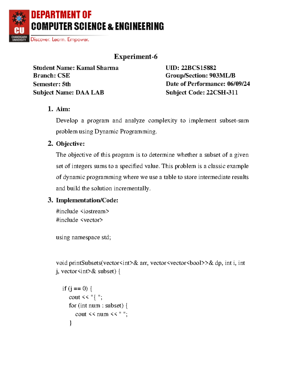 Daa EXp-6 - daa exp 6 - COMPUTER SCIENCE & ENGINEERING Experiment- 6 Semester: 5th Subject Name ...