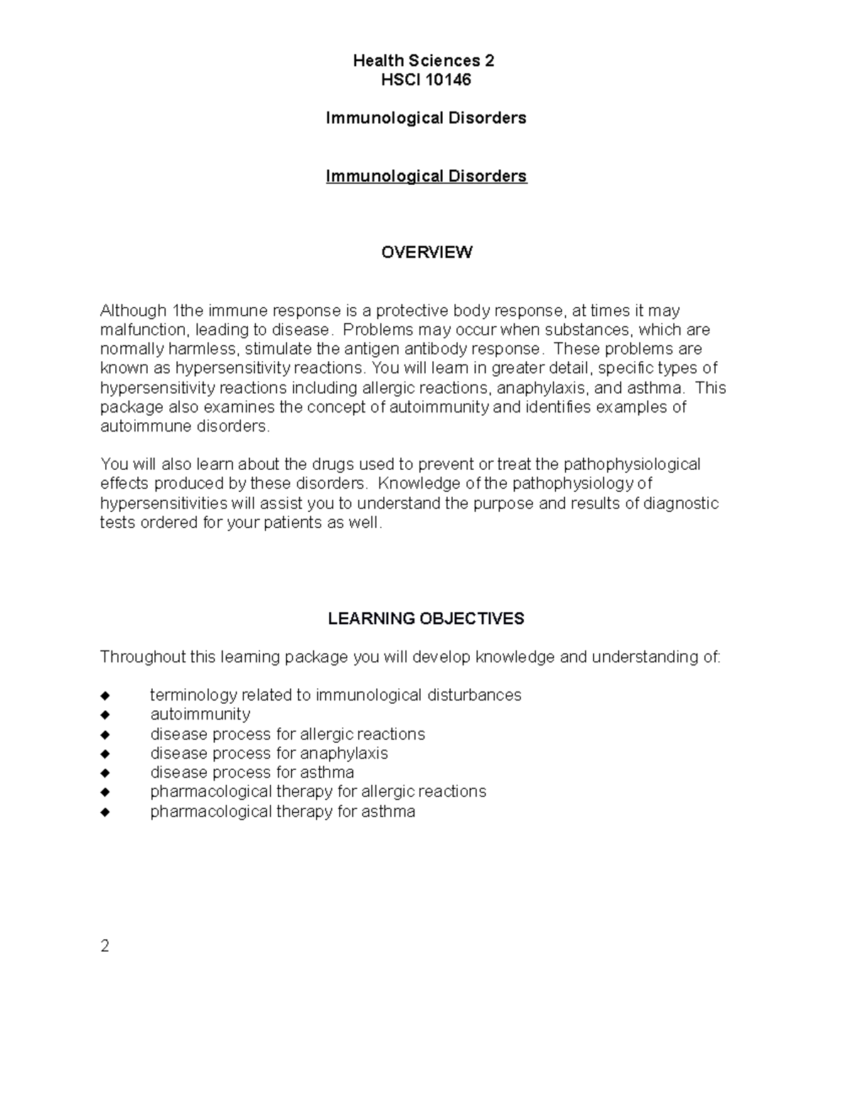 5)HS2Immunological Disorders Learning Package - HSCI 10146 Immunological Disorders Immunological ...