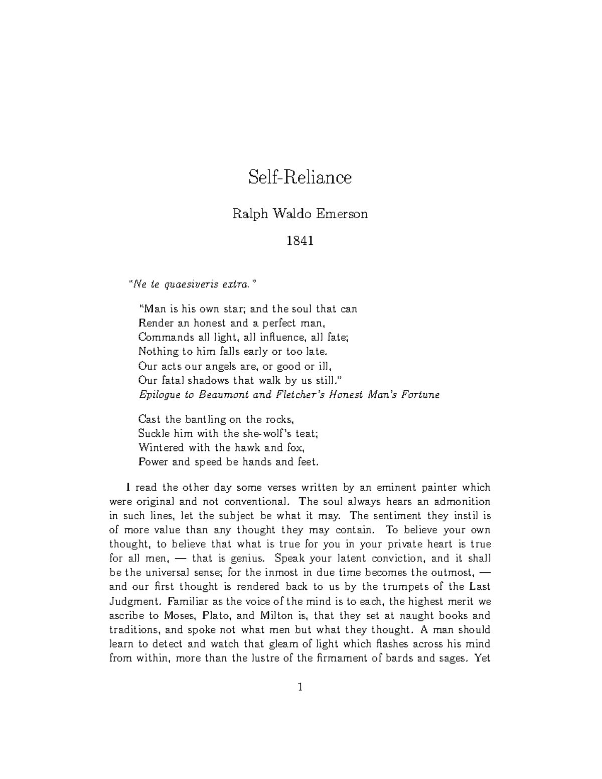 Self Reliance by Emerson - Self-Reliance Ralph Waldo Emerson 1841 “Ne ...