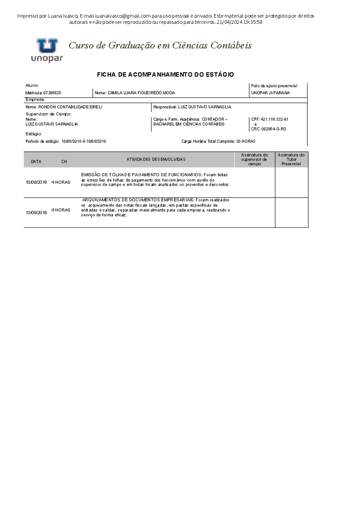 Ficha DE Acompanhamento DE Estagio 2 Passei Direto - Impresso por Luana ...