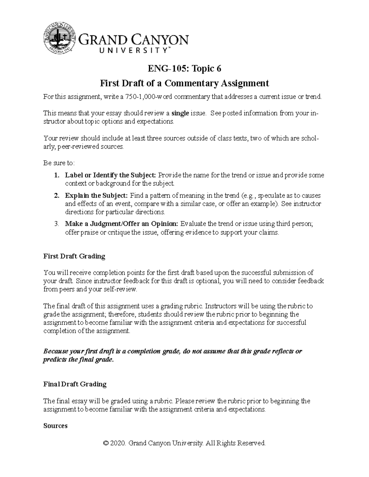 ENG105 First Draft Commentary Assignment ground - ENG-105: Topic 6 ...
