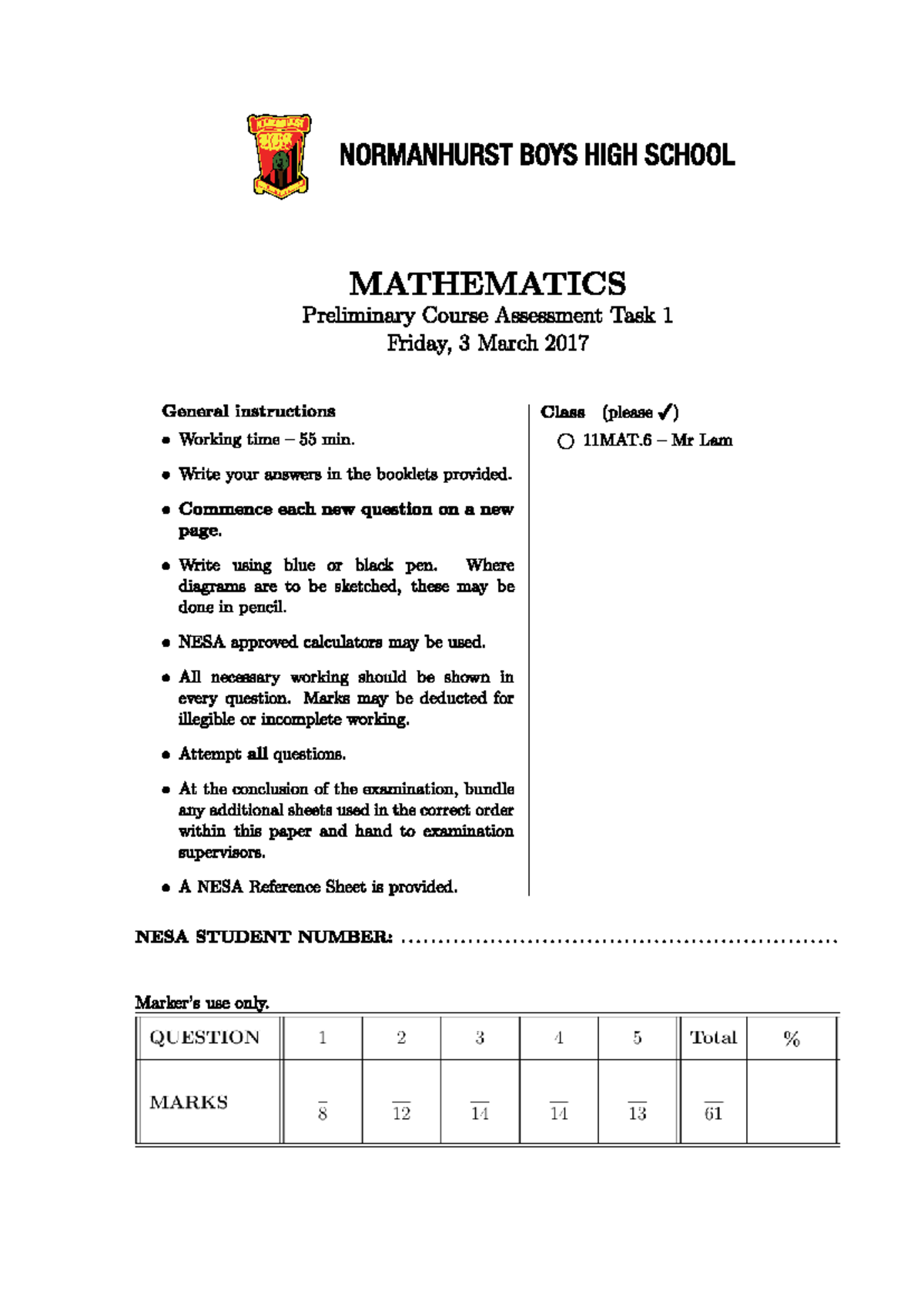 Normanhurst past paper - MATHEMATICS 2018 Year 11 Course Assessment ...
