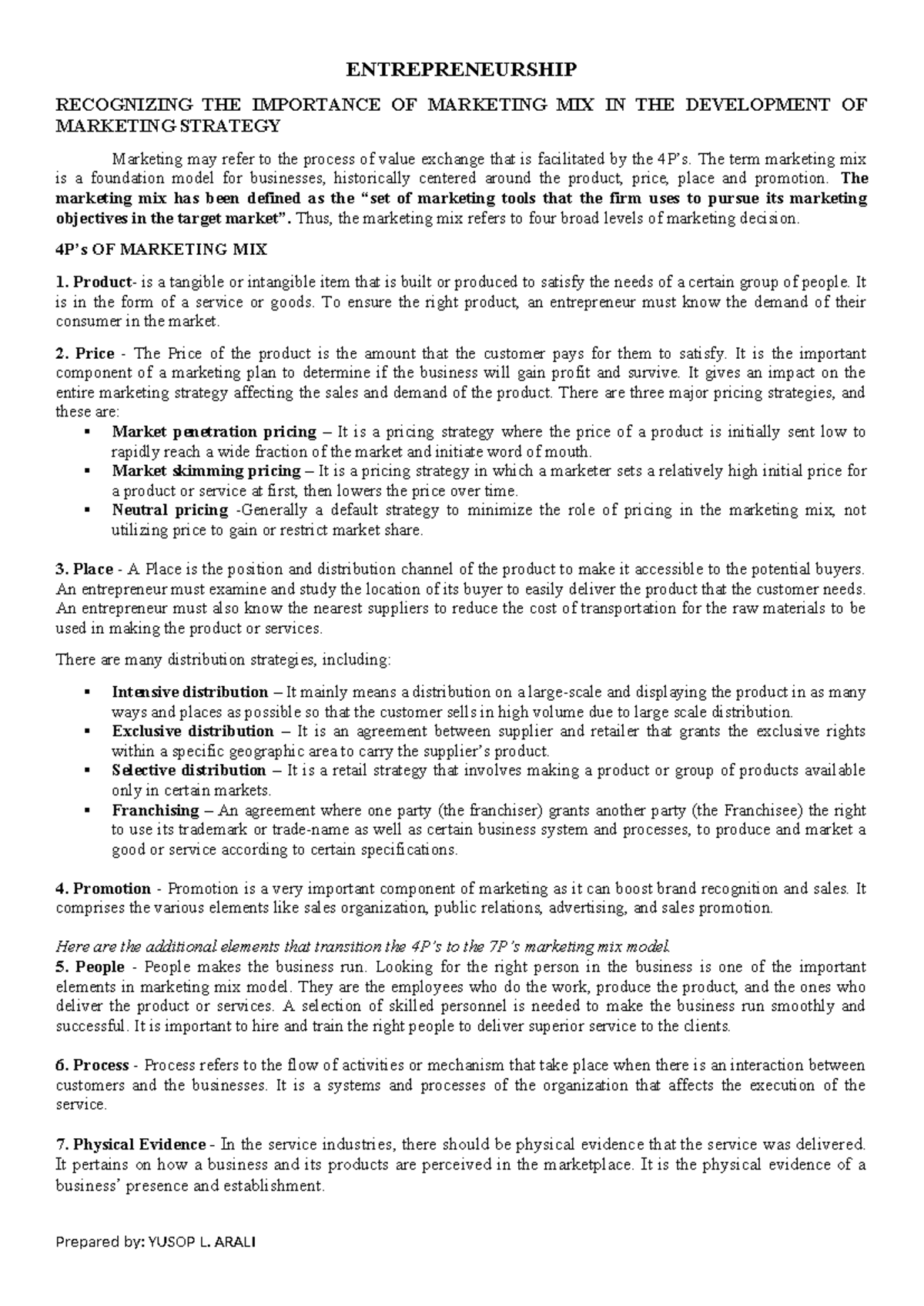 Lesson 5 7ps and 4ms - ENTREPRENEURSHIP RECOGNIZING THE IMPORTANCE OF ...