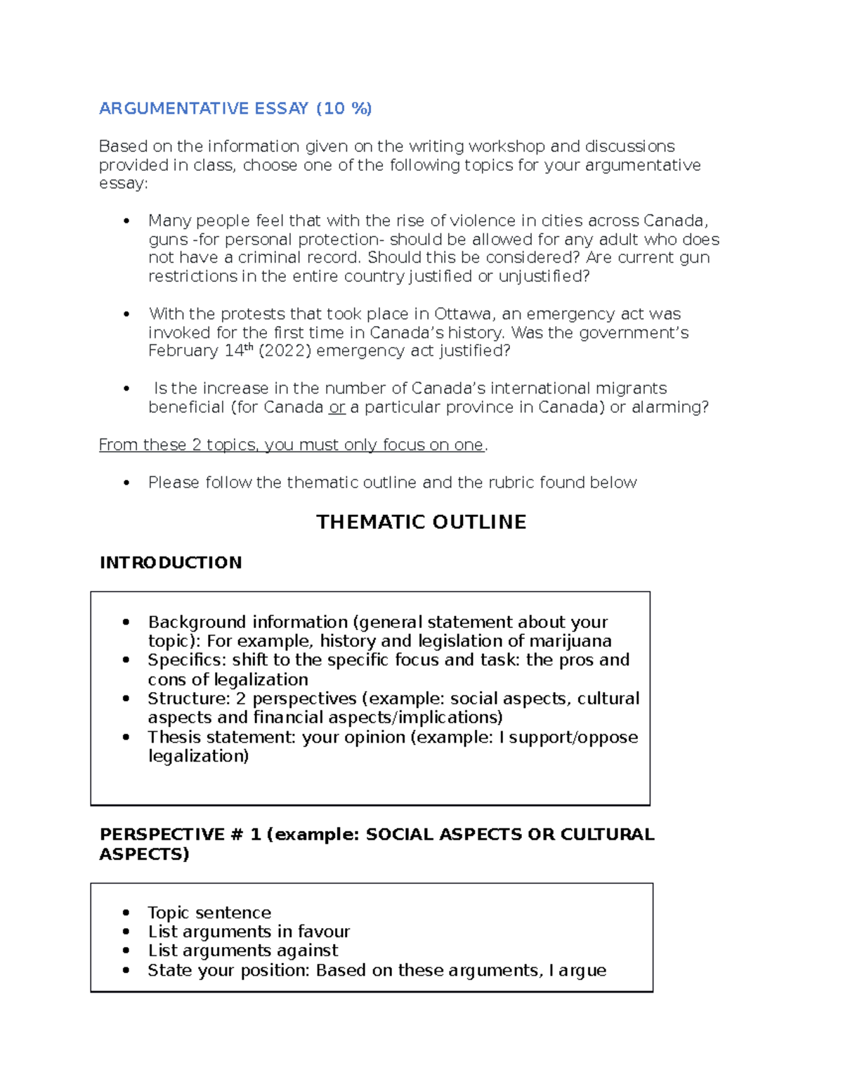 Argumentative Essay- Instructions and rubric - ARGUMENTATIVE ESSAY (10 ...