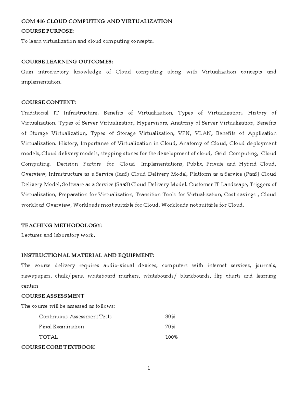 COM416 Cloud Computing-Virtualization Course Outline - 1 COM 416 CLOUD ...