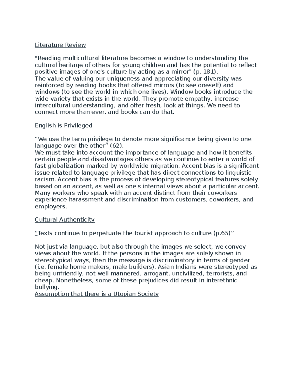 Educ 121 - Help - Literature Review "Reading multicultural literature ...