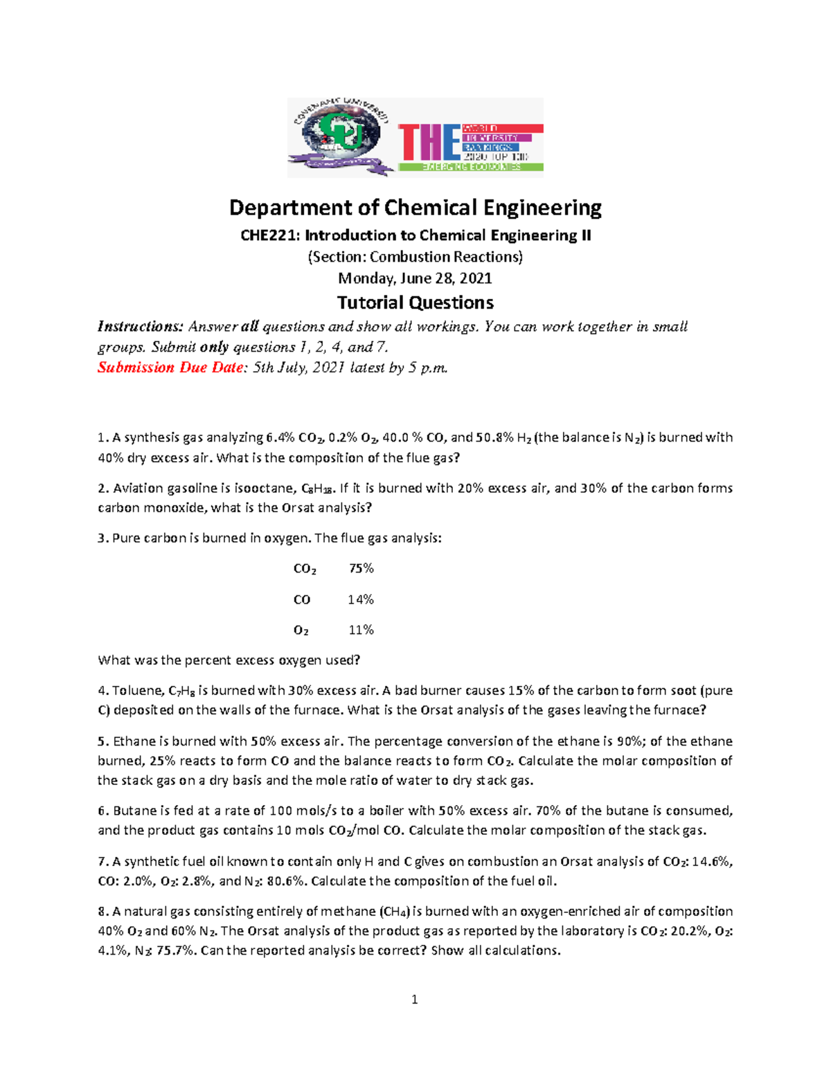 CHE221 Assignment on Combustion Reactions in Chemical Engineering - 1 ...