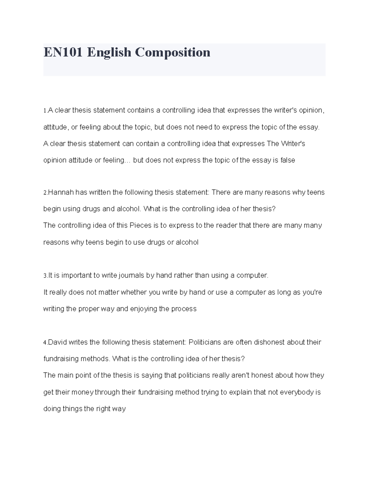 EN101 English Composition 2 - A clear thesis statement can contain a ...