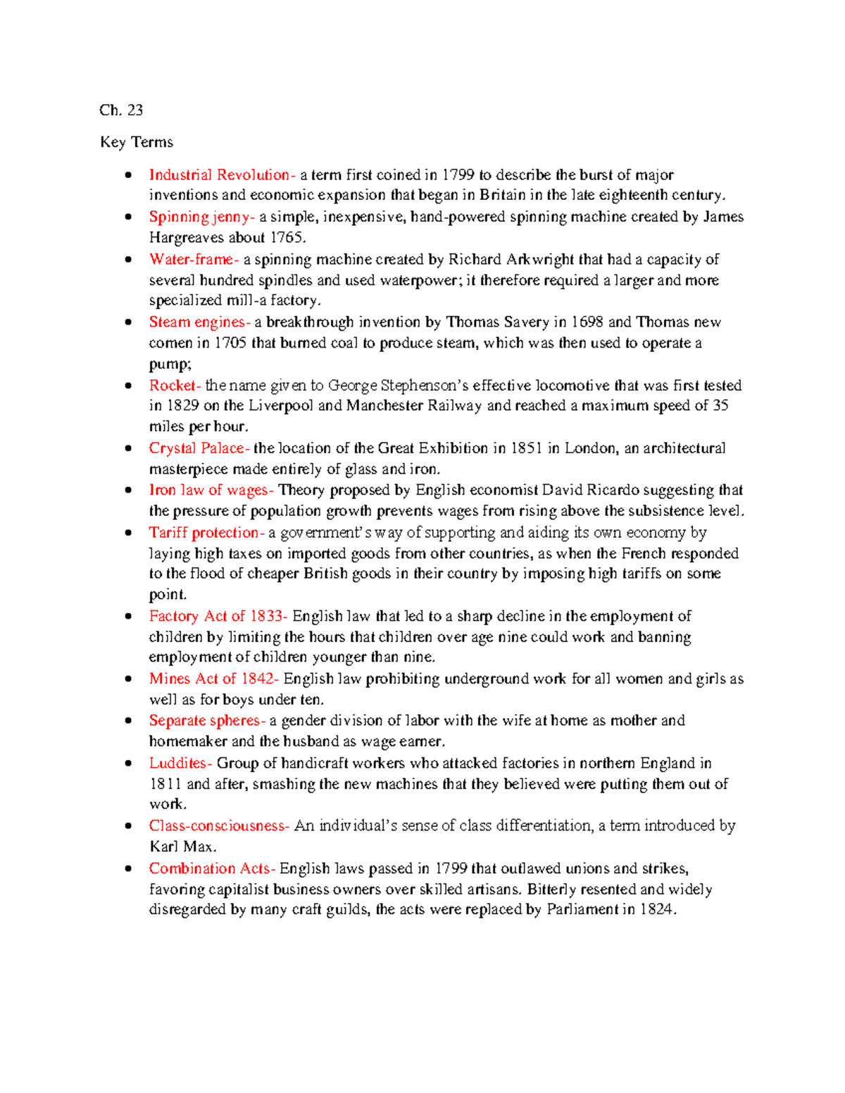 History Notes 1 - Ch. 23 Key Terms Industrial Revolution- a term first ...