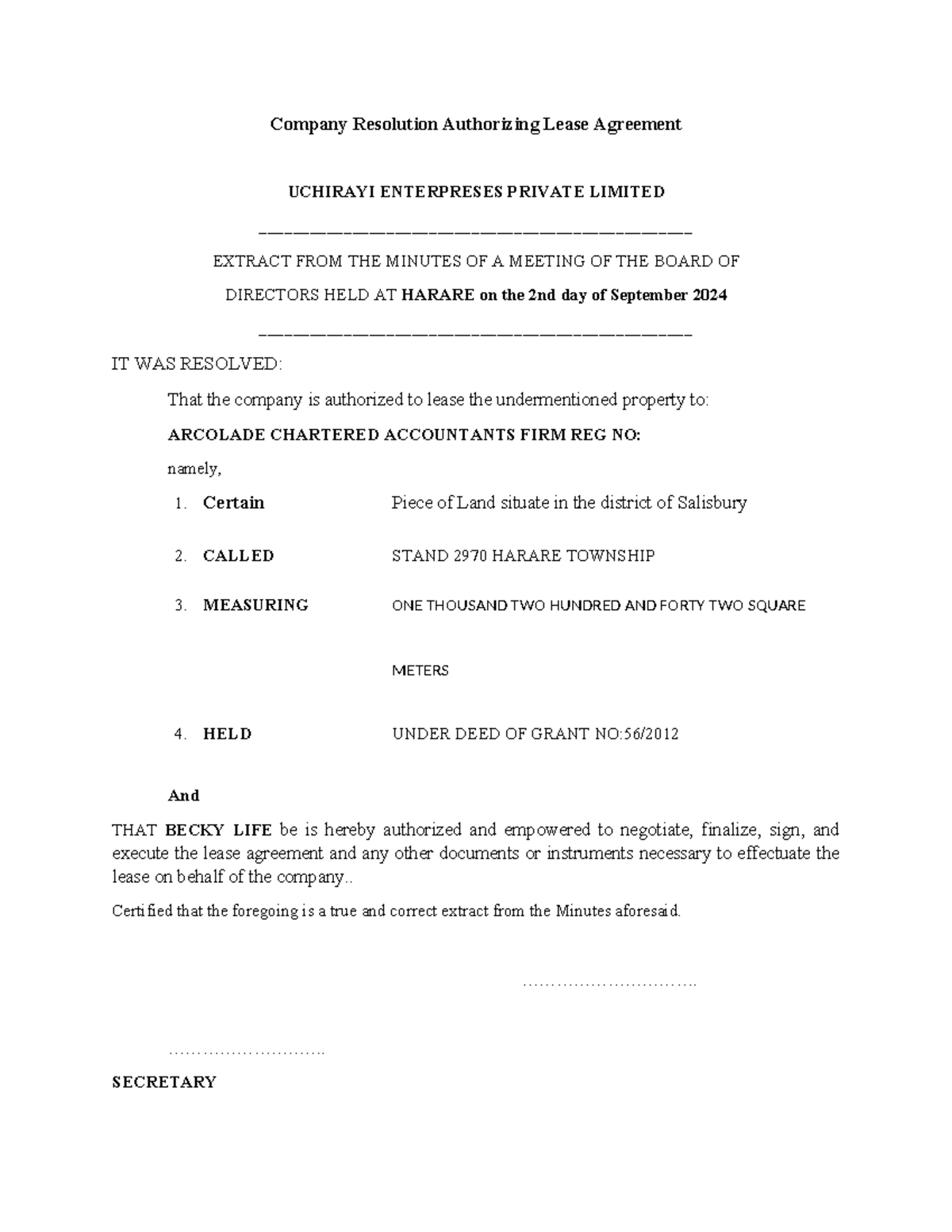 Resolution - conveyancing notes - Company Resolution Authorizing Lease ...