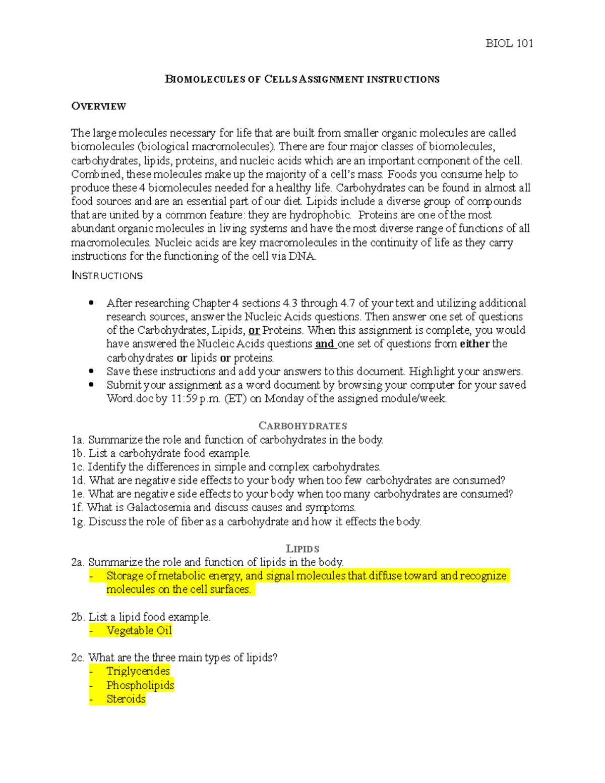 Buckman Trevor Biomolecules of Cells Assignment - BIOL 101 BIOMOLECULES OF CELLS ASSIGNMENT ...