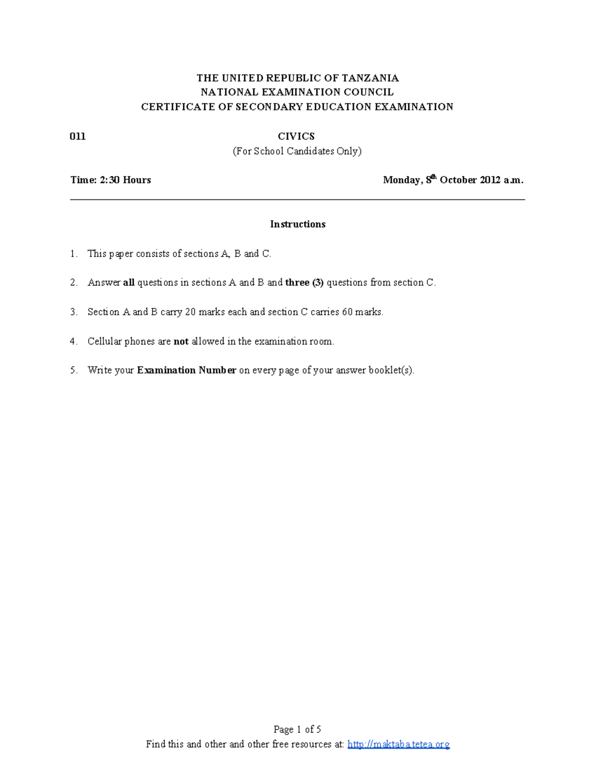 Civics 2012 - to be read - THE UNITED REPUBLIC OF TANZANIA NATIONAL ...