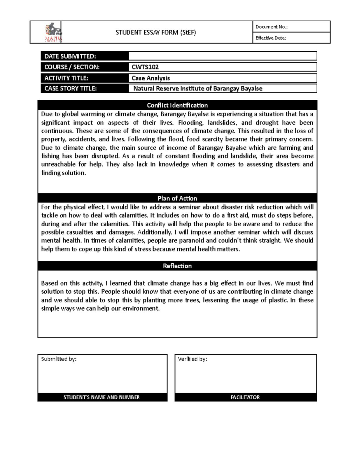 Case analysis Essay Natural Reserve Institute of Barangay Bayalse ...