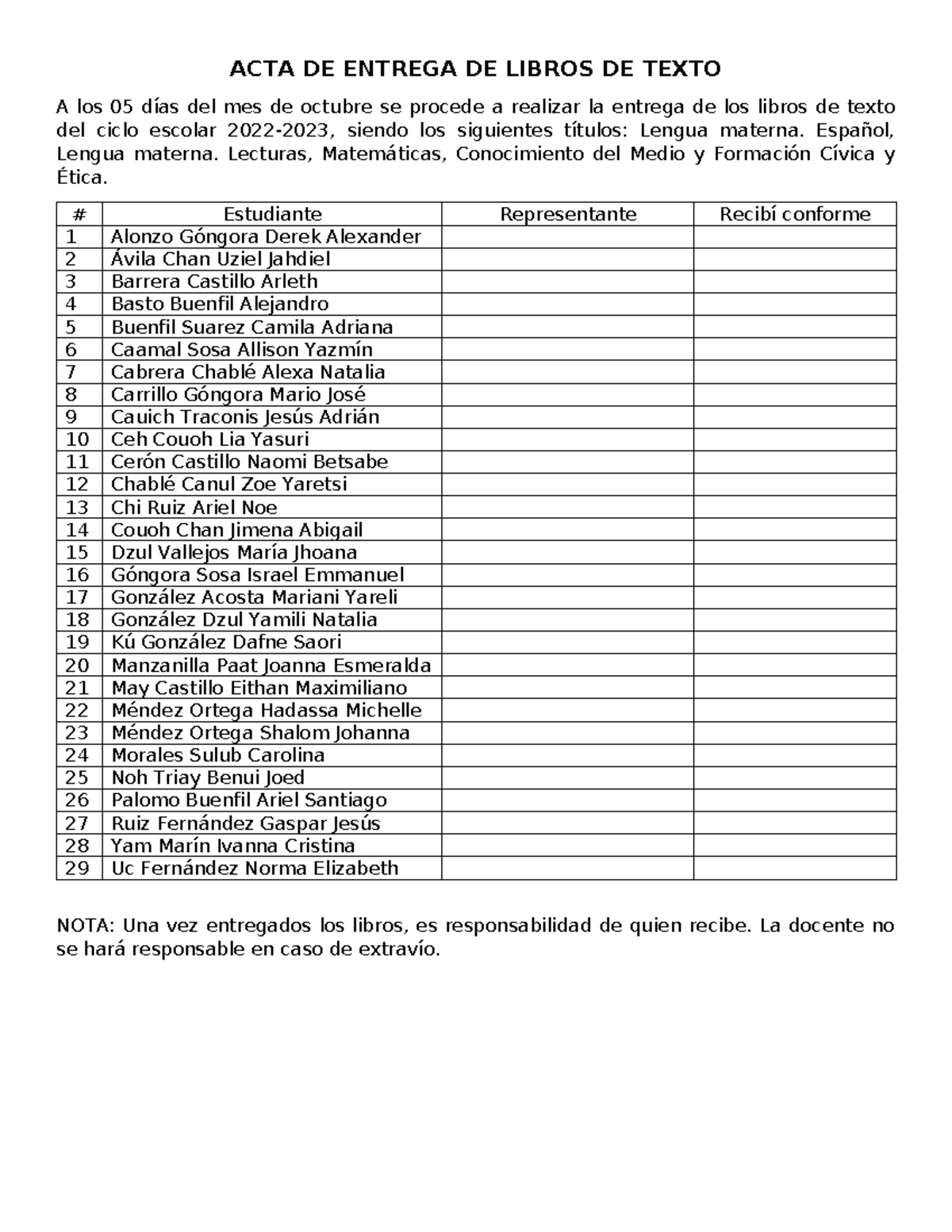 ACTA DE Entrega DE Libros DE Texto - ACTA DE ENTREGA DE LIBROS DE TEXTO ...
