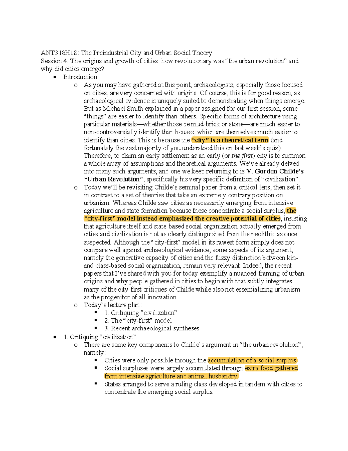 Lecture 4 Urban origins - ANT318H1S: The Preindustrial City and Urban ...