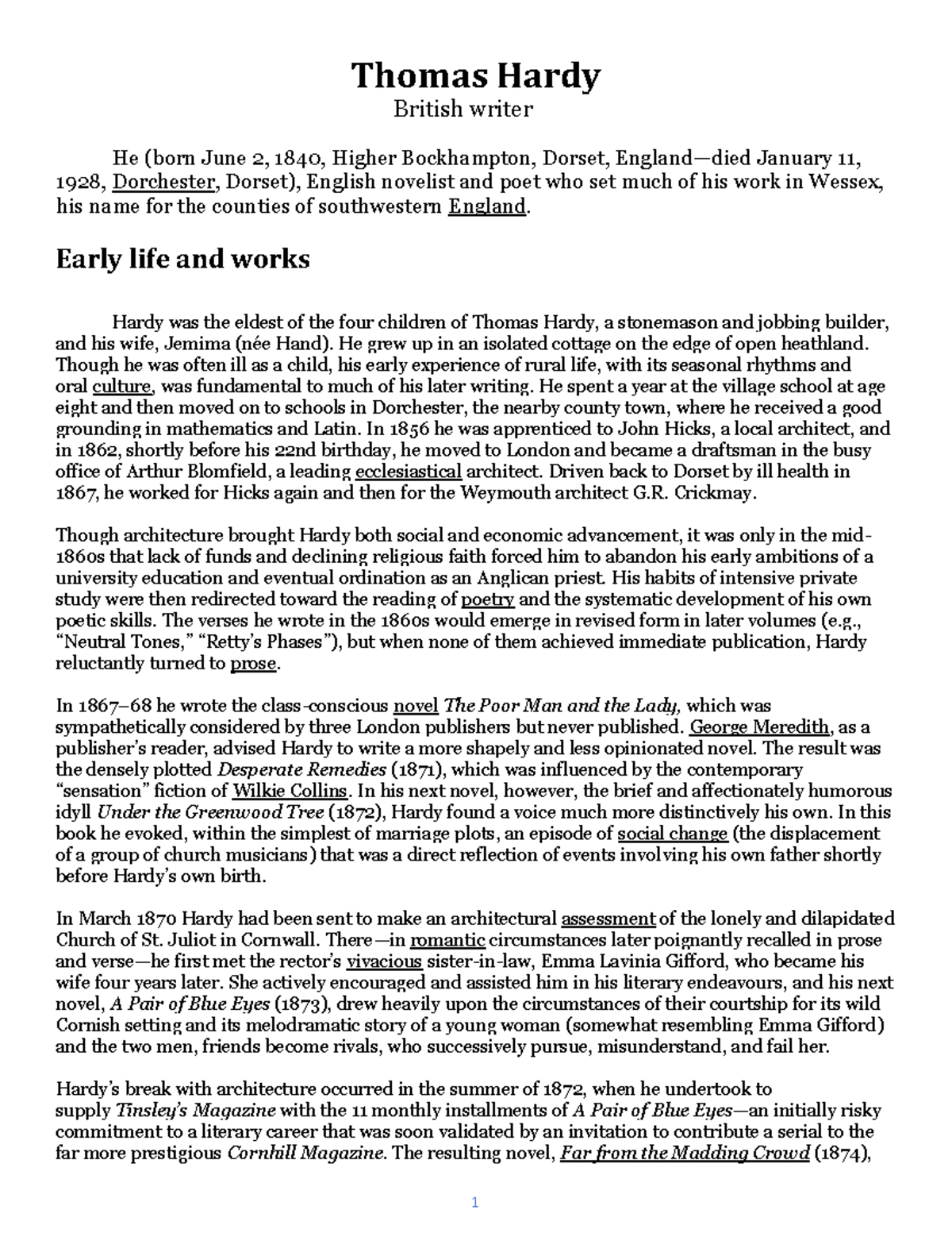 Thomas Hardy - Thomas Hardy British writer He (born June 2, 1840 ...