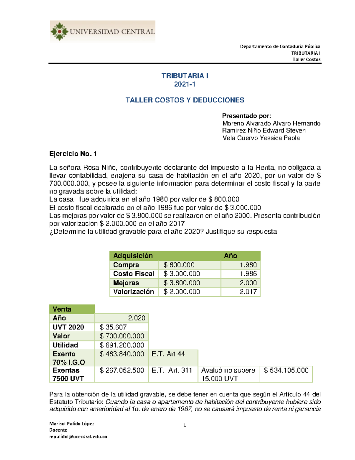 Taller costos 2021-1 Moreno, Ramirez, Vela - TRIBUTARIA I Taller Costos ...