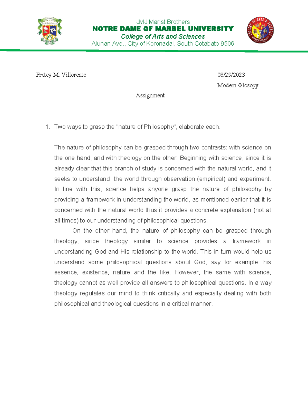 Assignment Number 1 - JMJ Marist Brothers NOTRE DAME OF MARBEL ...